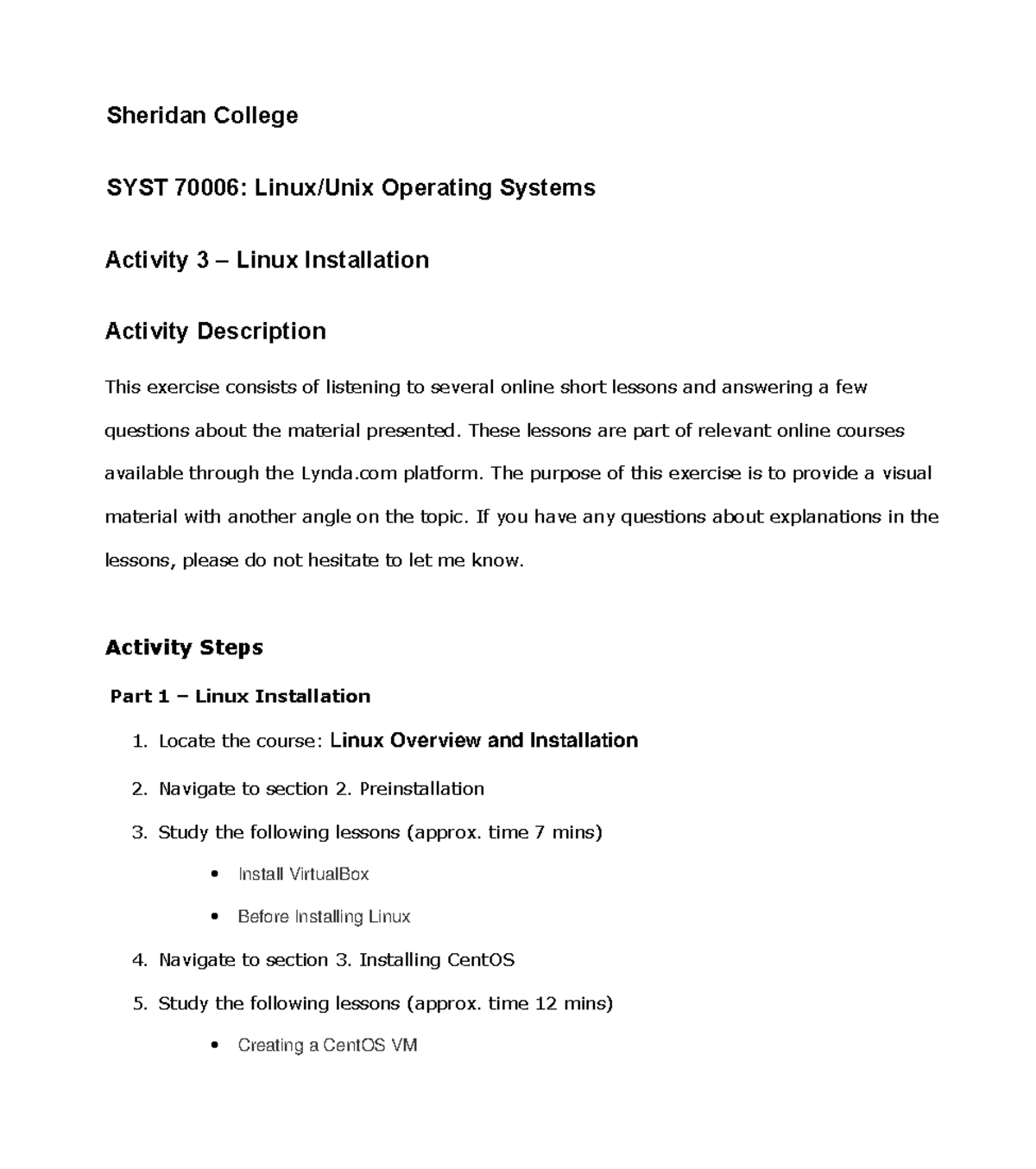 Sys Admin - Activity 3 - Linux Installation - Instructions - Sheridan ...