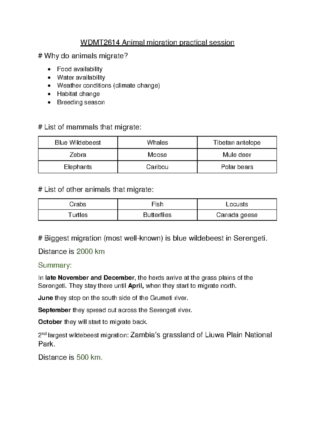 WDMT2614 Practical on Animal Migration: Key Insights and Summaries ...