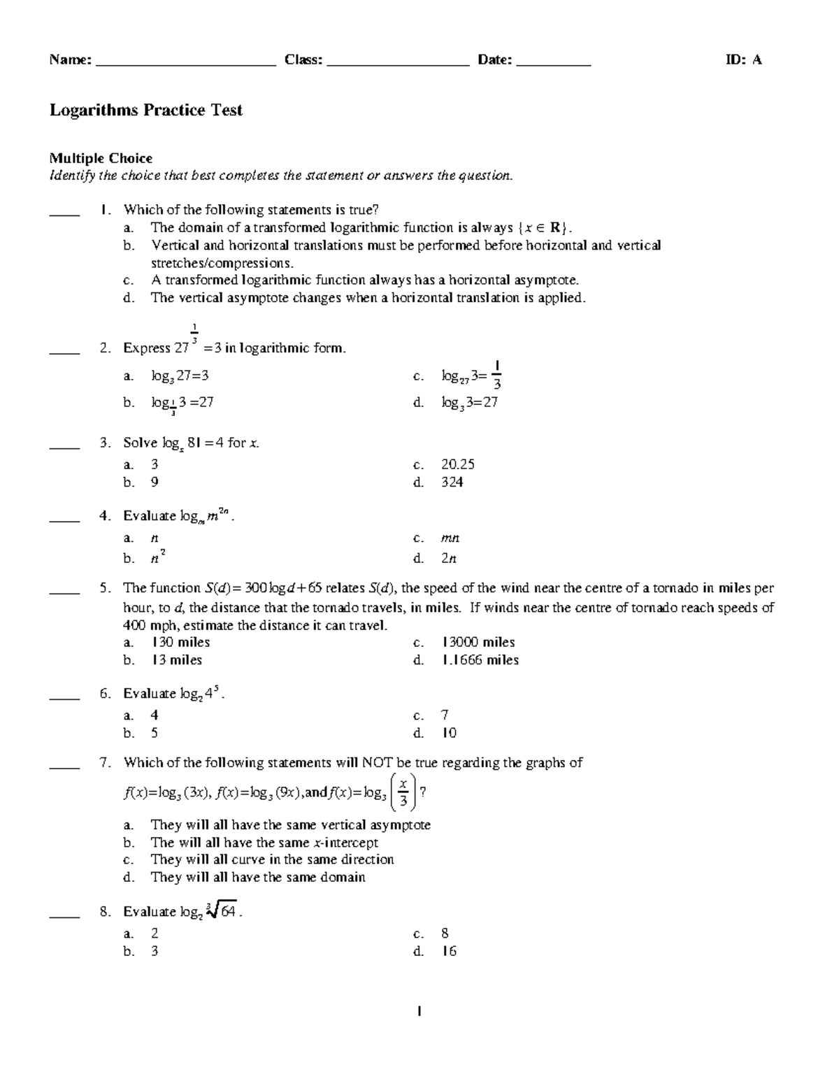Logarithms Practice Test (Course Code: MATH101) - Studocu