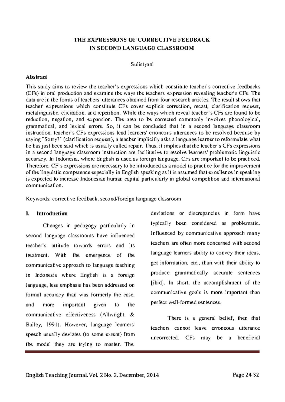 THE Expressions of Corrective Feedback in SLL Classrooms: Analysis ...