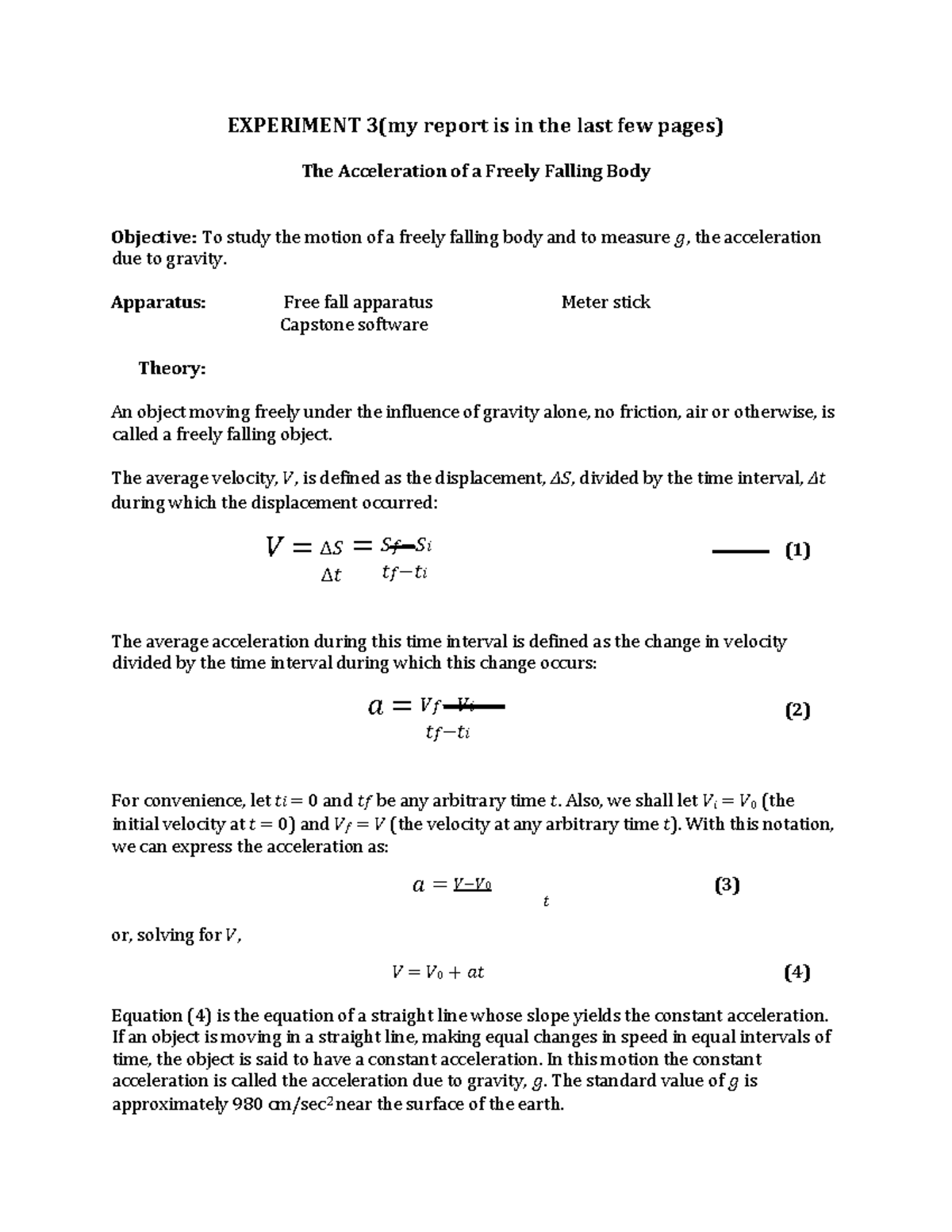 Physics 221 Lab Report: Free Fall Experiment on Acceleration Due to ...