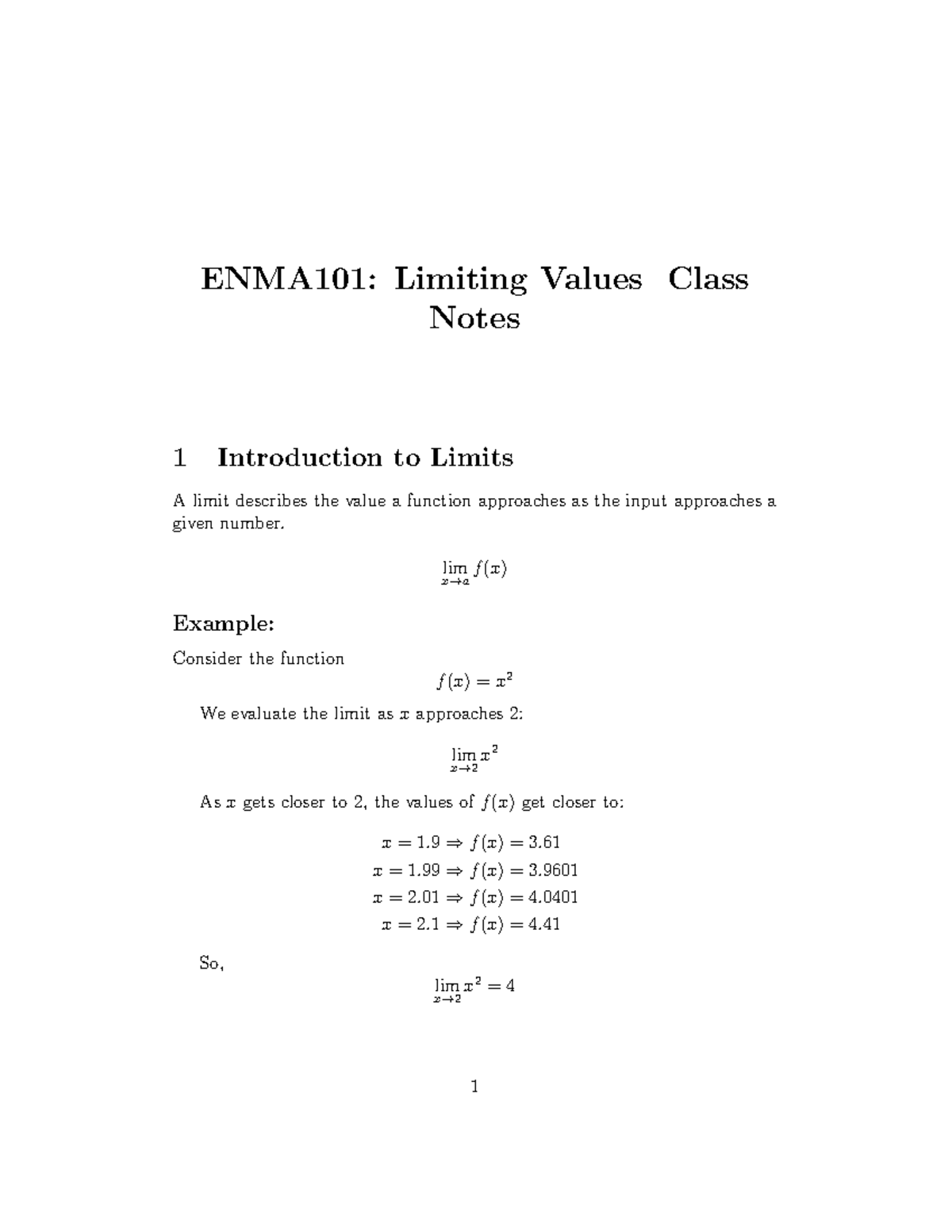 ENMA101: Class Notes on Limits - Analysis and Calculations - Studocu