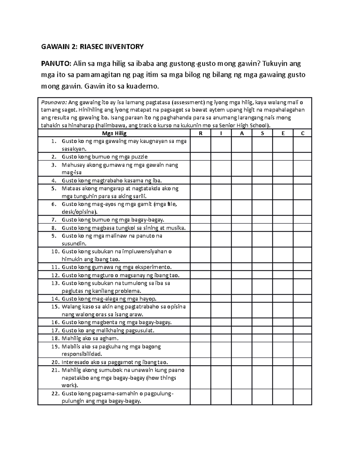 RIASEC Inventory Assessment for Career Exploration - Studocu
