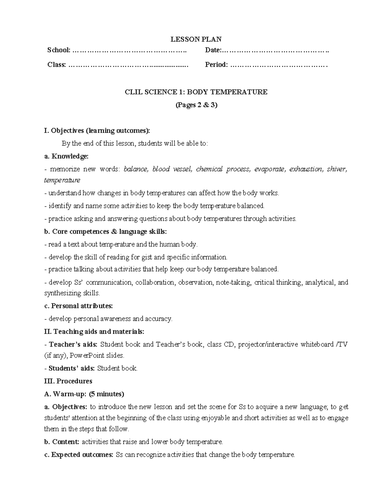 Lesson PLAN - CLIL 8 Science 1 - LESSON PLAN School