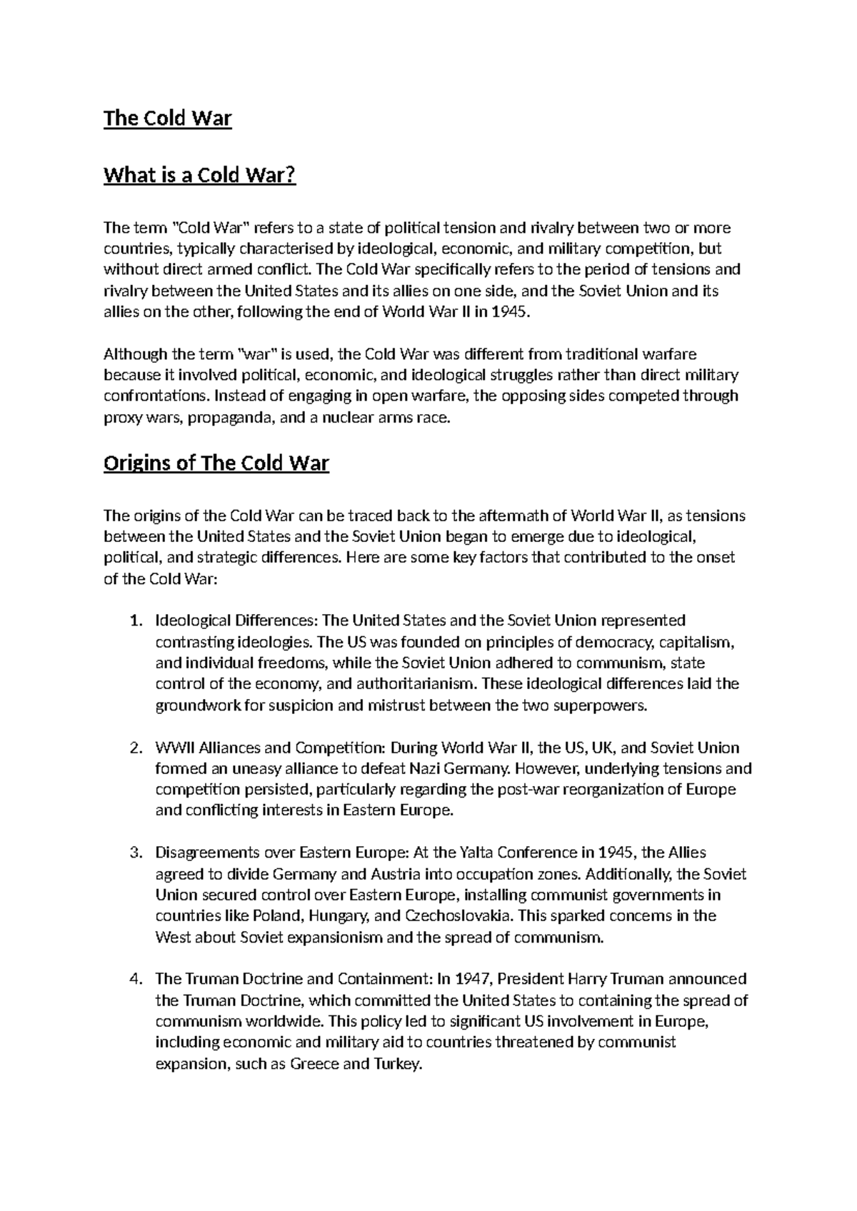 Cold War Overview: Origins, Key Policies, and Major Events - Studocu