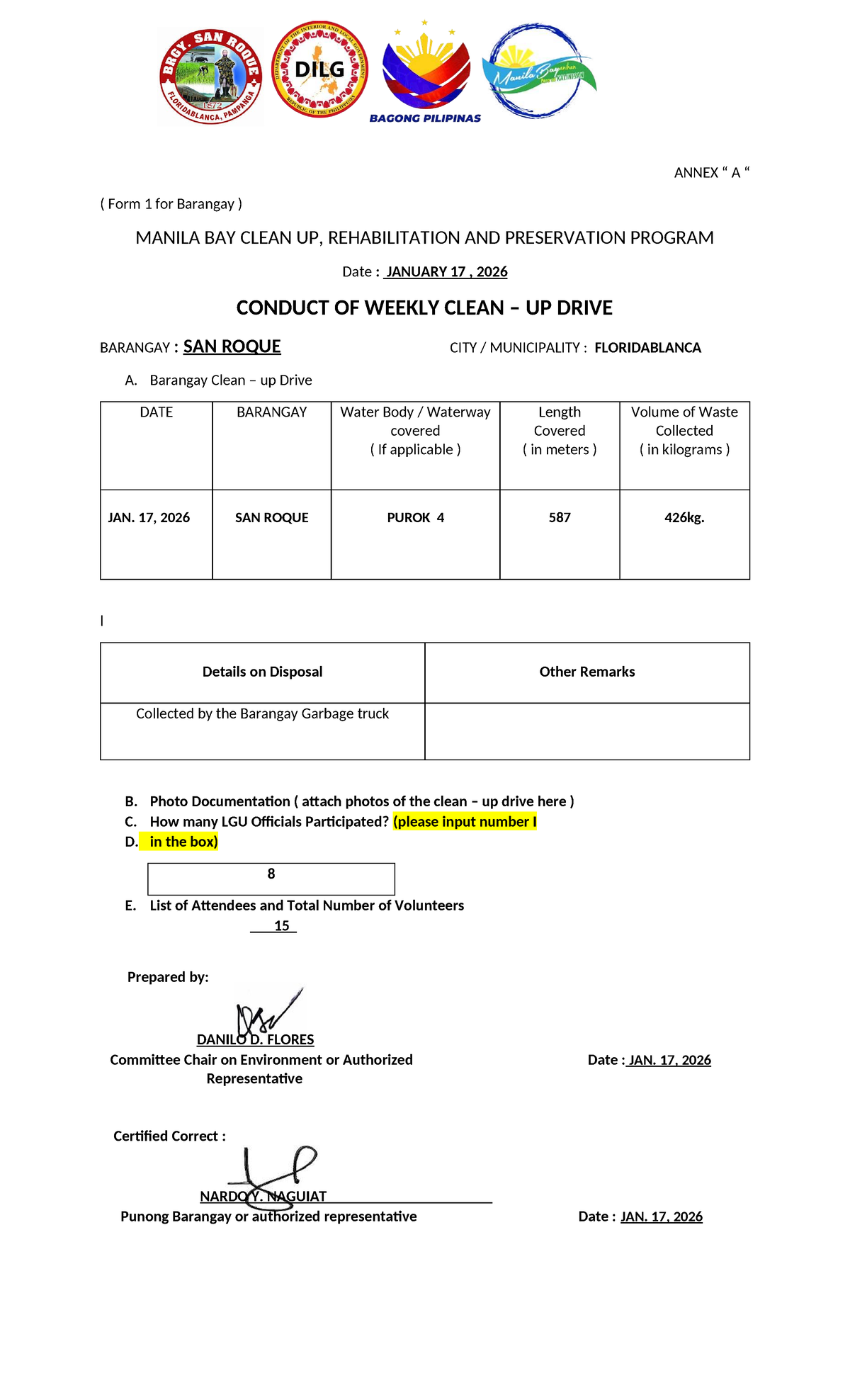 SAN Roque Barangay Clean Up Report - Manila Bay Program (Jan 2026 ...