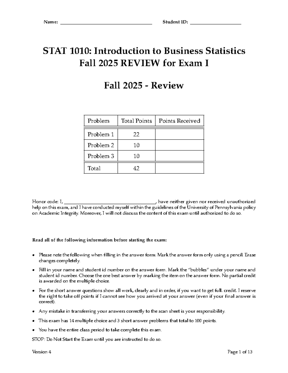 STAT 1010: Business Statistics Exam I Review Guide Fall 2025 - Studocu