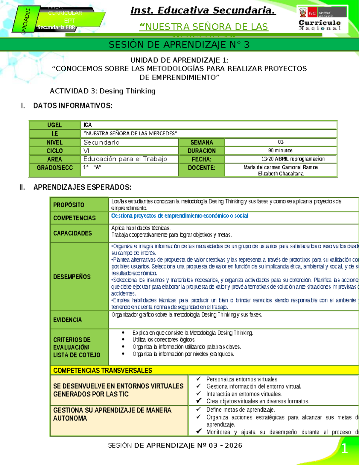 UNID AD01 - SESIÓN DE APRENDIZAJE 3: Metodología Design Thinking - Studocu
