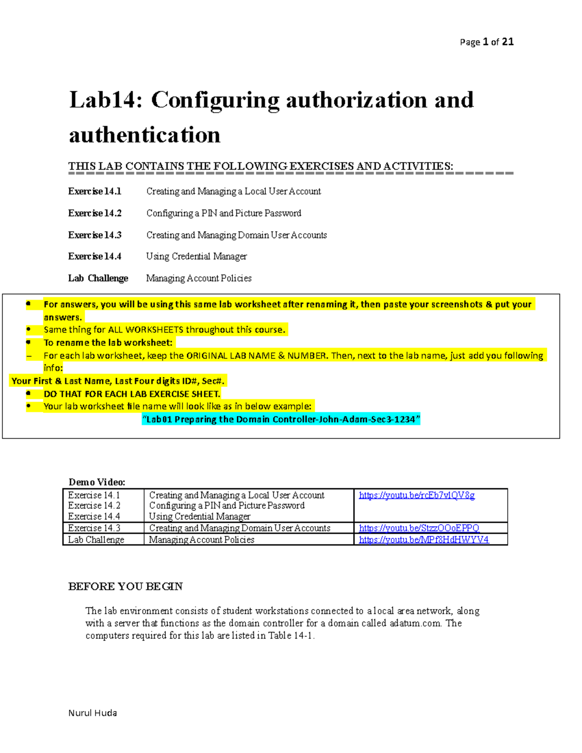 Lab 14: Configuring Authorization & Authentication for User Accounts - Studocu