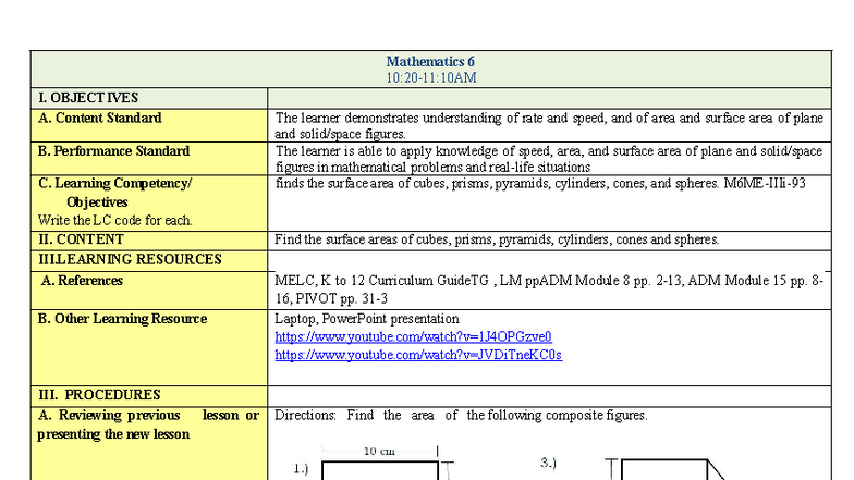 Mathematics 6: Surface Area Concepts and Problem Solving (MATH Q3 CO 1 ...