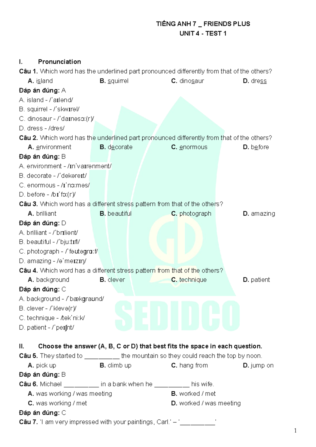 Tieng Anh 7 Friends Plus - Unit 4 - Test 1 (key) - TIẾNG ANH 7 ...