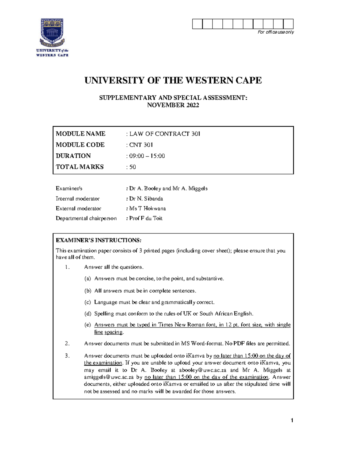 Contract Past Exam Q papers - For office use only UNIVERSITY OF THE ...