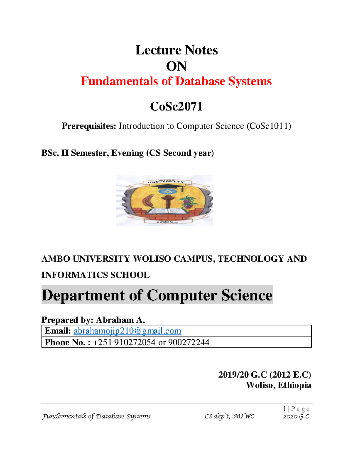 CoSc Fundamentals of DB Systems Lecture Notes Compilation - Studocu