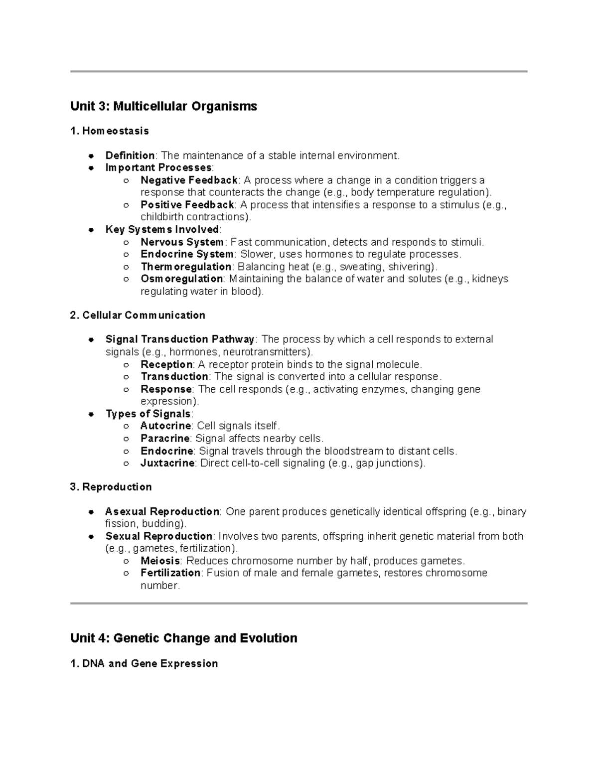 Unit 3 4 summary - Unit 3: Multicellular Organisms Homeostasis ...