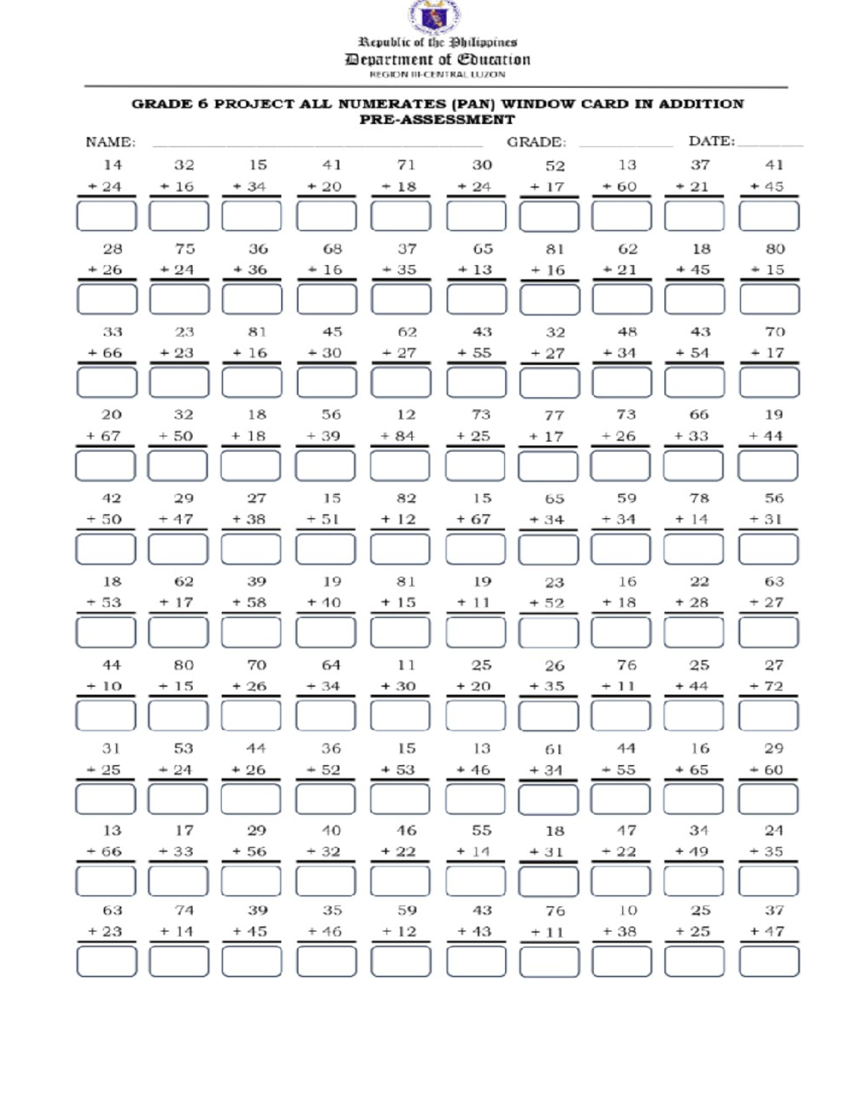 Grade 6 Project: All Numerates (PAN) Window Cards - Luzon Region - Studocu