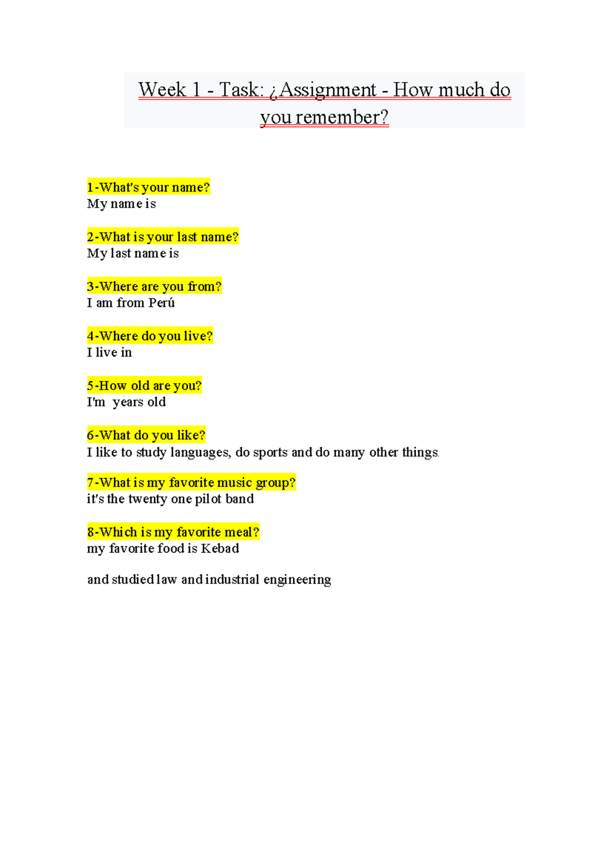 Week 1 - ingles 1 - Week 1 - Task: ¿Assignment - How much do you ...
