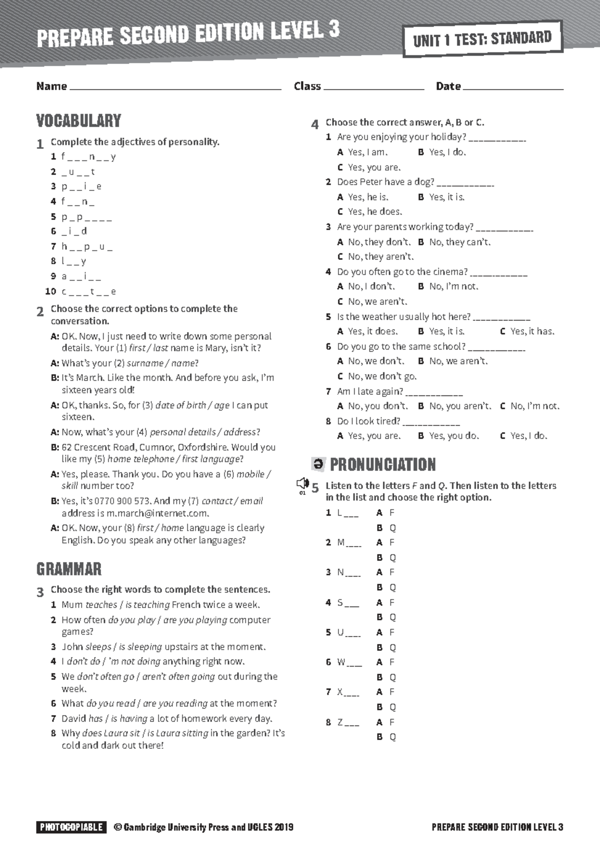 PRE-UT-U1S - LEVEL 3 ENGLISH EXERCISE: VOCAB & GRAMMAR - Studocu