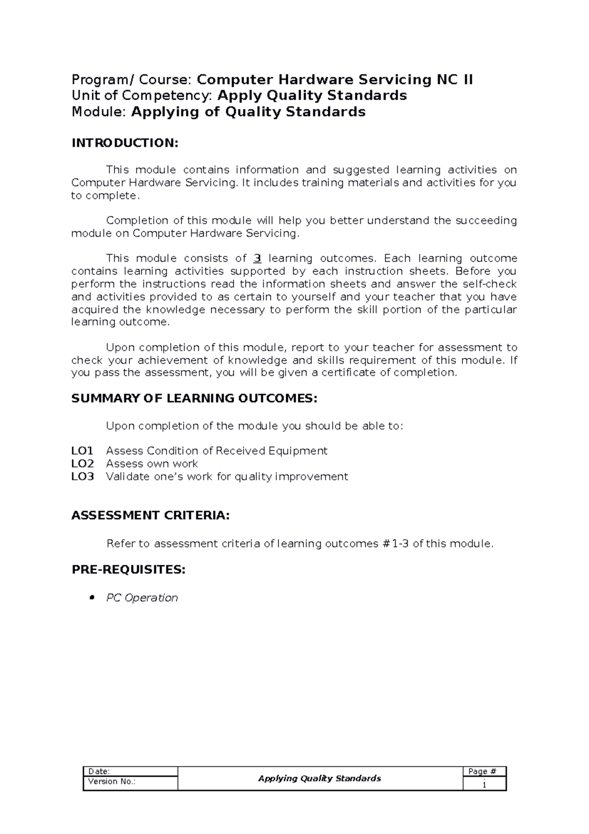 Module 1 applying quality standard lesson 1 - Program/ Course: Computer ...