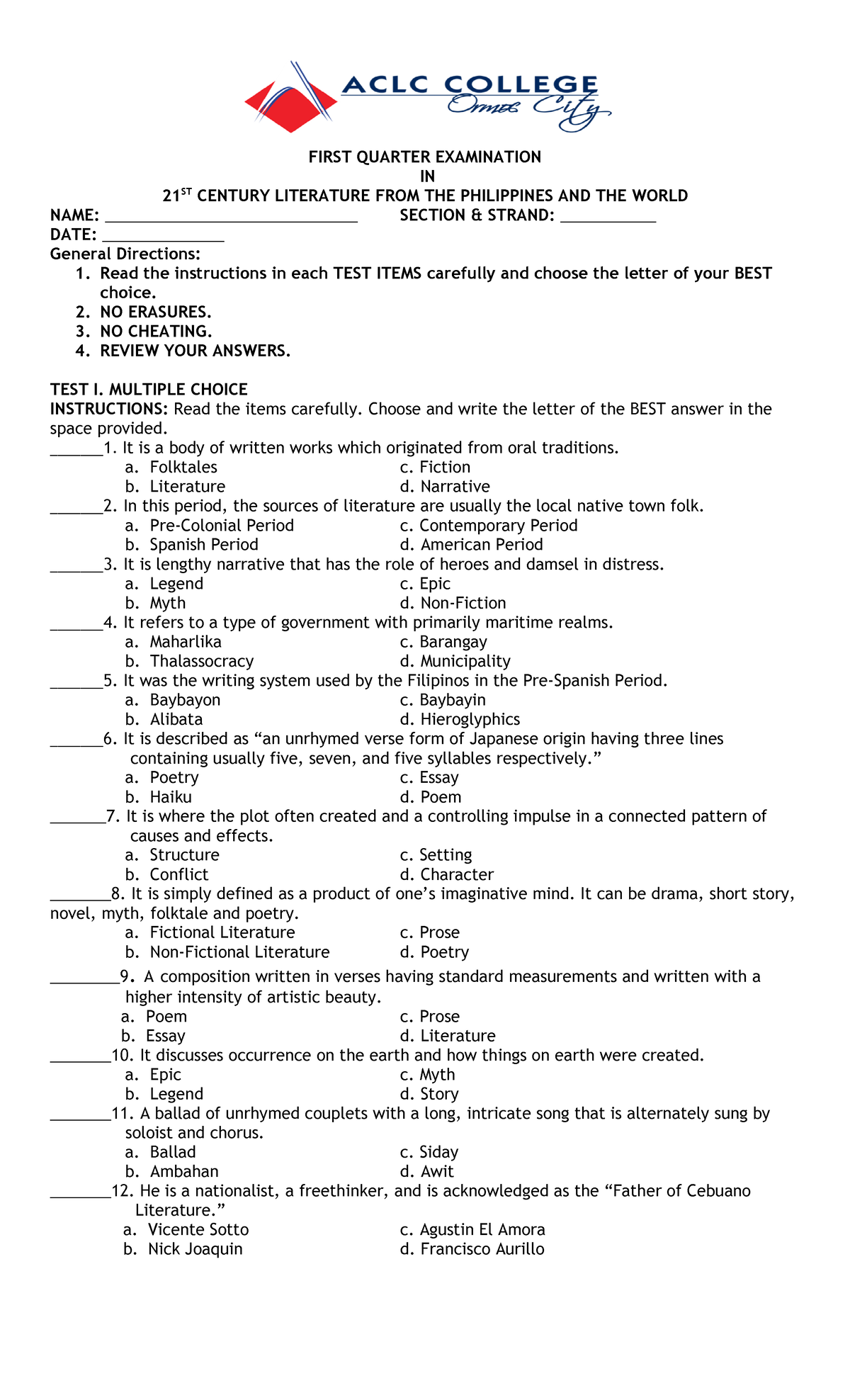 21ST Century 1ST Quarter TEST - FIRST QUARTER EXAMINATION IN 21 ST ...