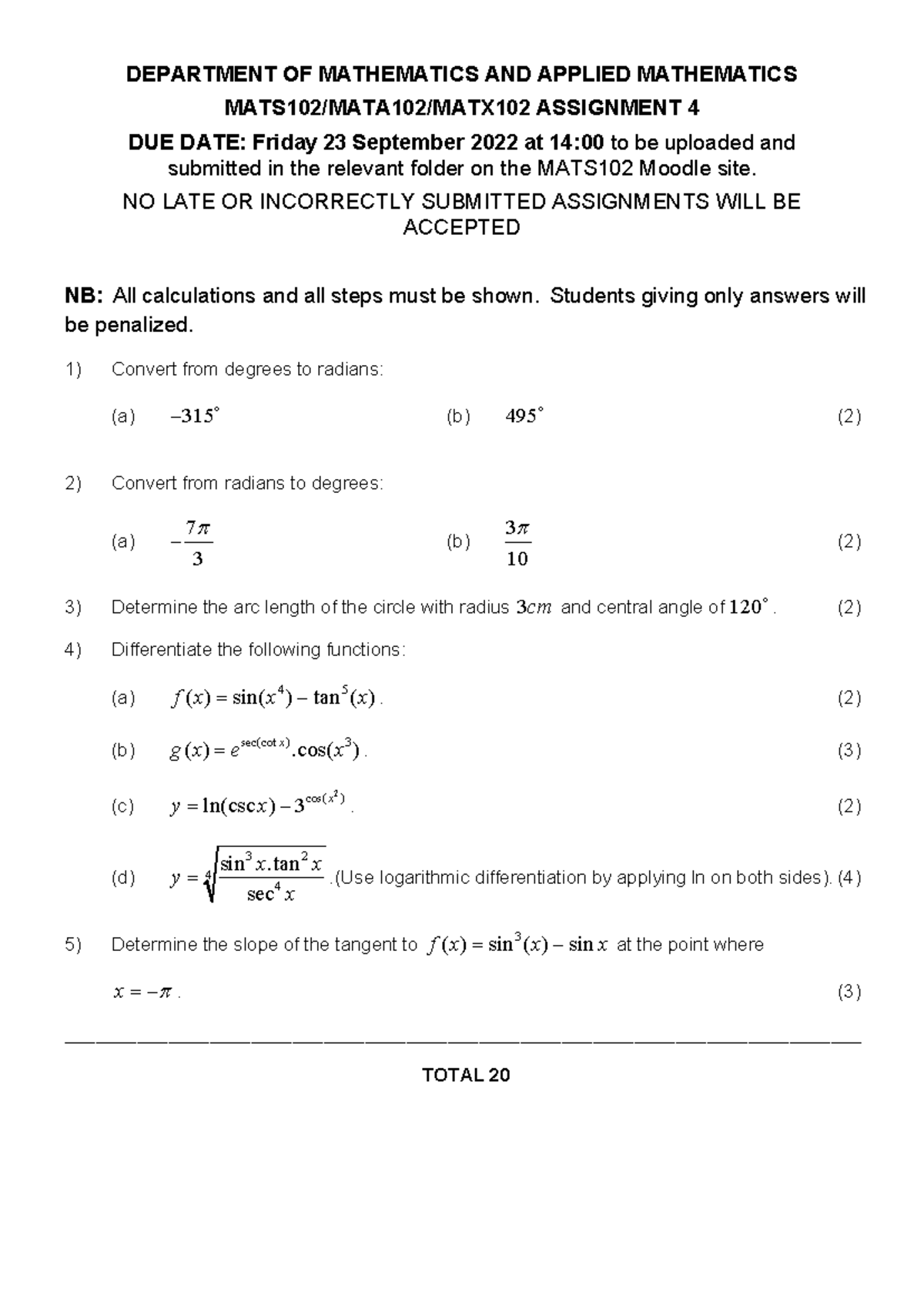 MATS102 Assignment 4: Calculus and Trigonometry Problems - Studocu