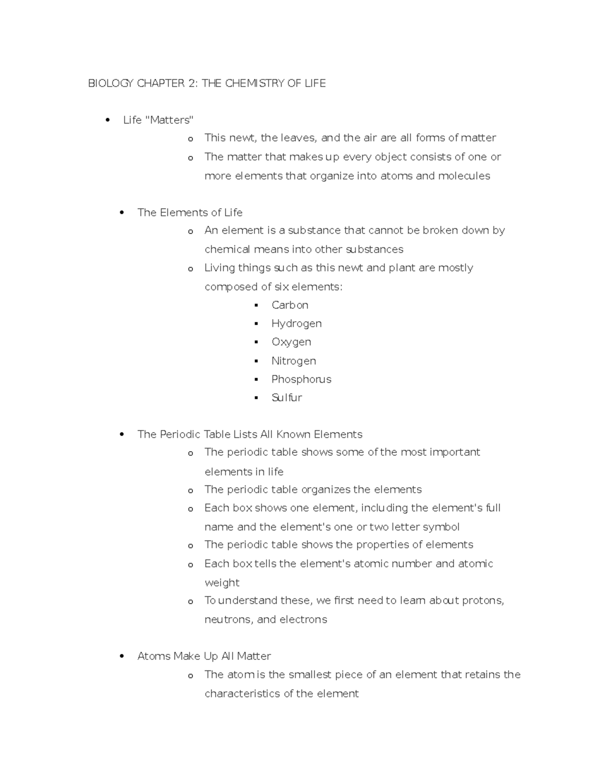 Biology Chapter 2 Notes - BIOLOGY CHAPTER 2: THE CHEMISTRY OF LIFE Life ...