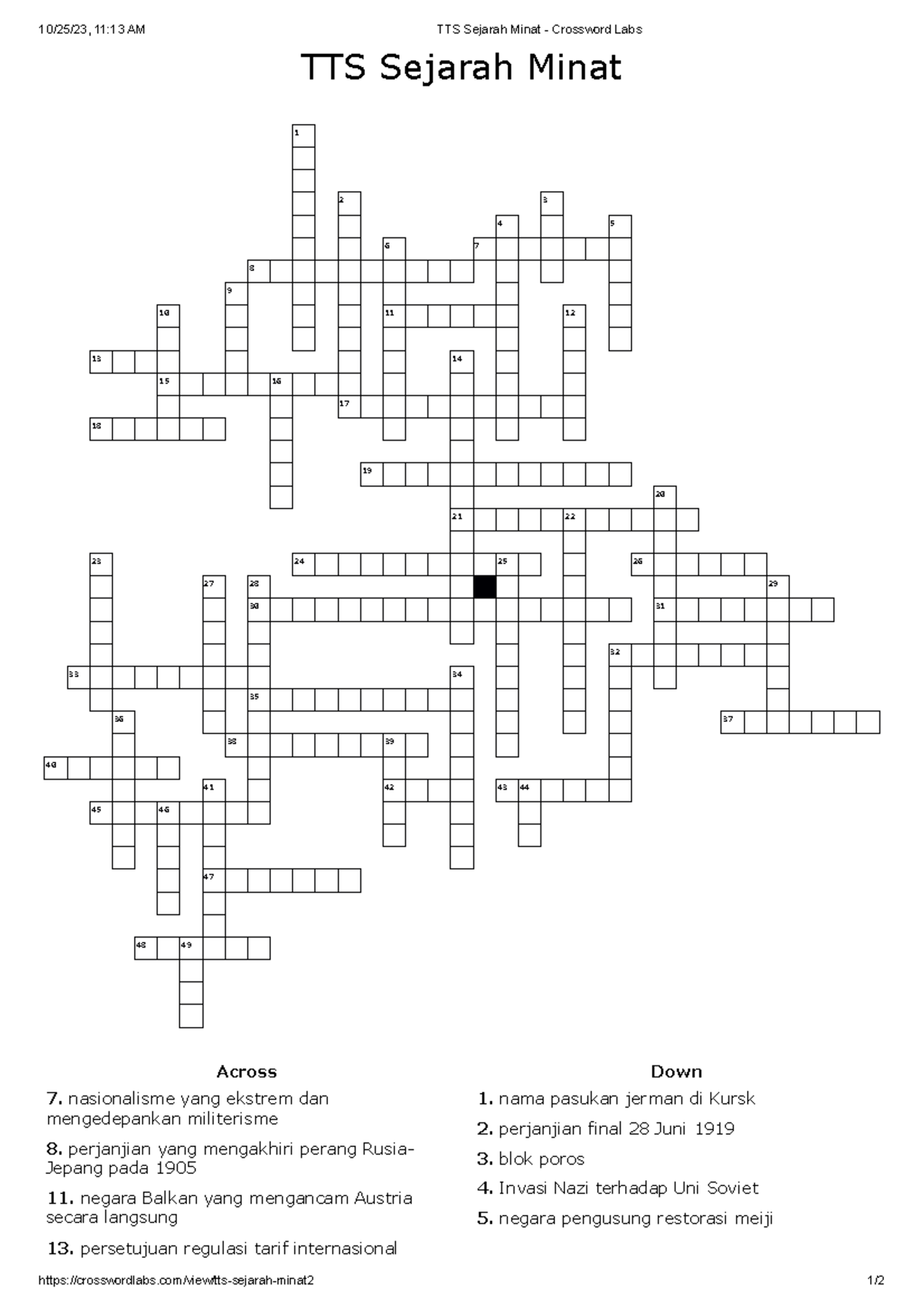 TTS Sejarah Minat - Crossword Puzzle Study Guide - Studocu
