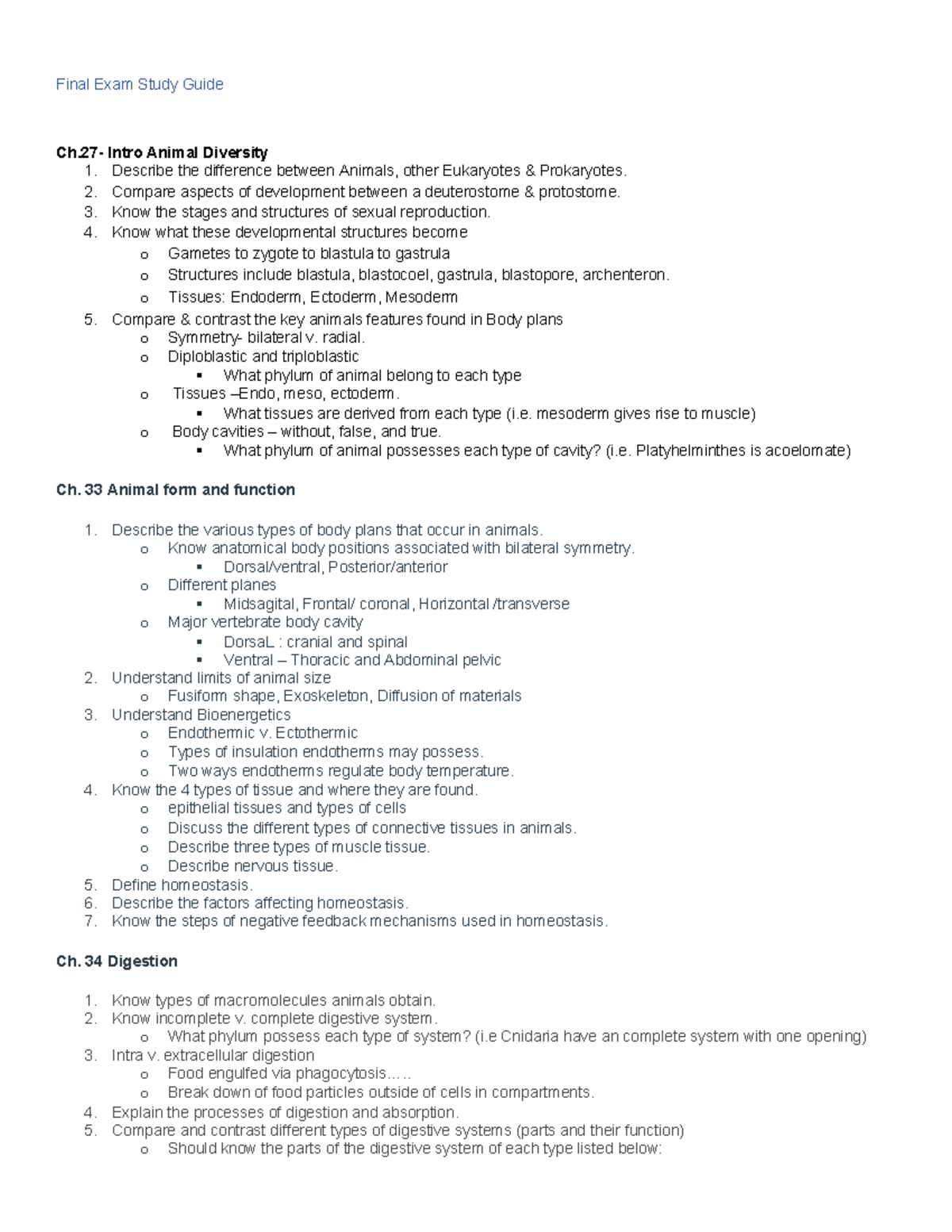 Final Exam Study Guide: Intro to Animal Diversity (Fall 2023) - Studocu
