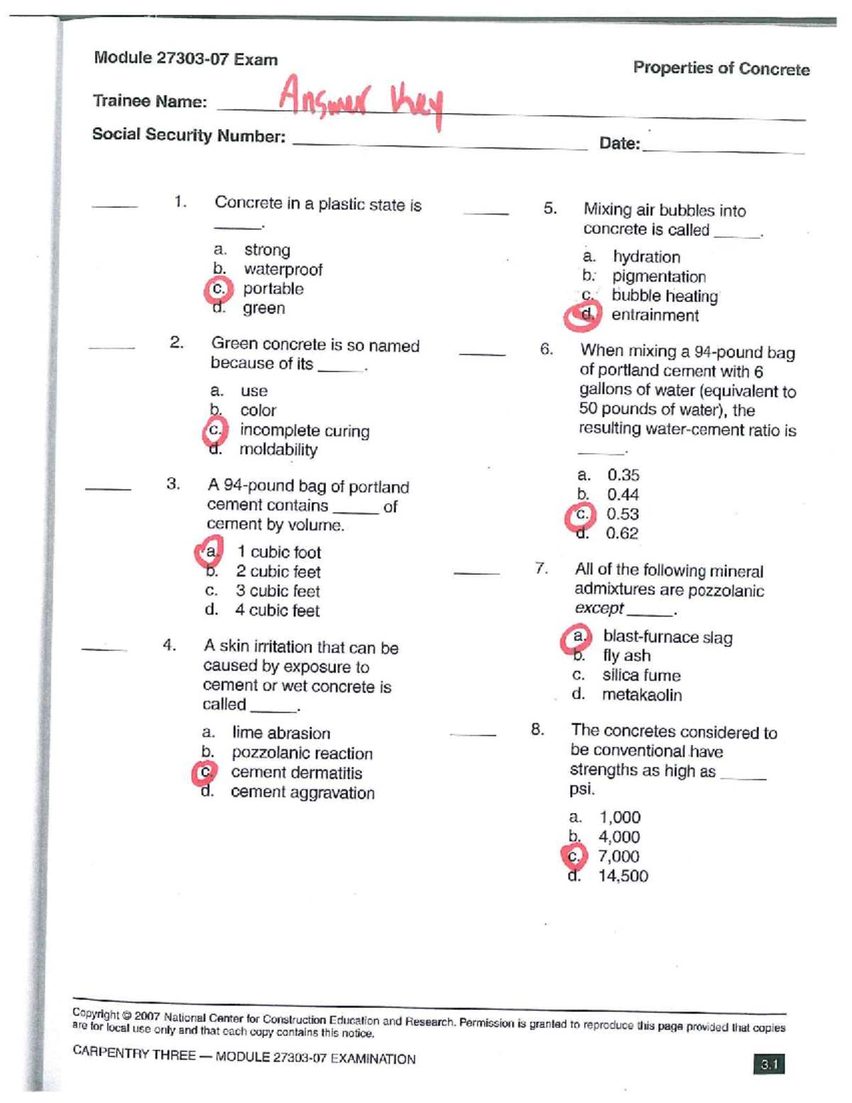 Midterm Exam Study Notes for Concrete Properties (Course CODE: 12345 ...