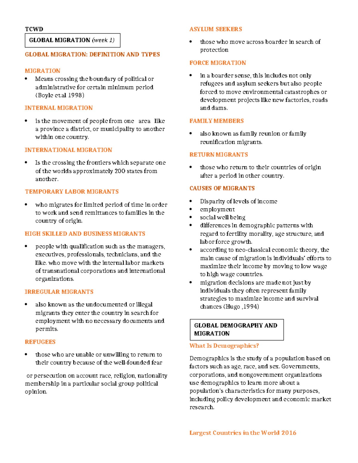 TCWD - Global Migration and Demography Notes for Finals - Studocu