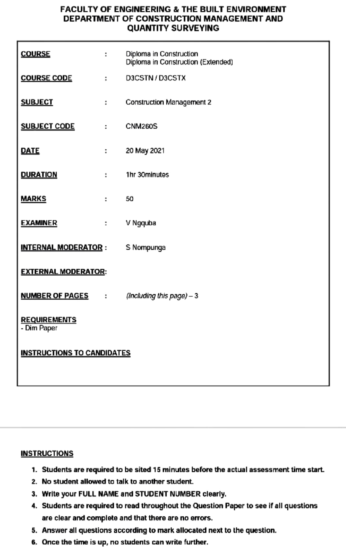 May 2021 CNM - Construction Management Past Exam Paper - Studocu