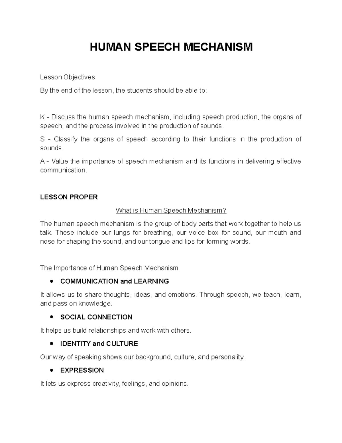 HUMAN SPEECH MECHANISM Lesson Overview and Key Concepts - Studocu