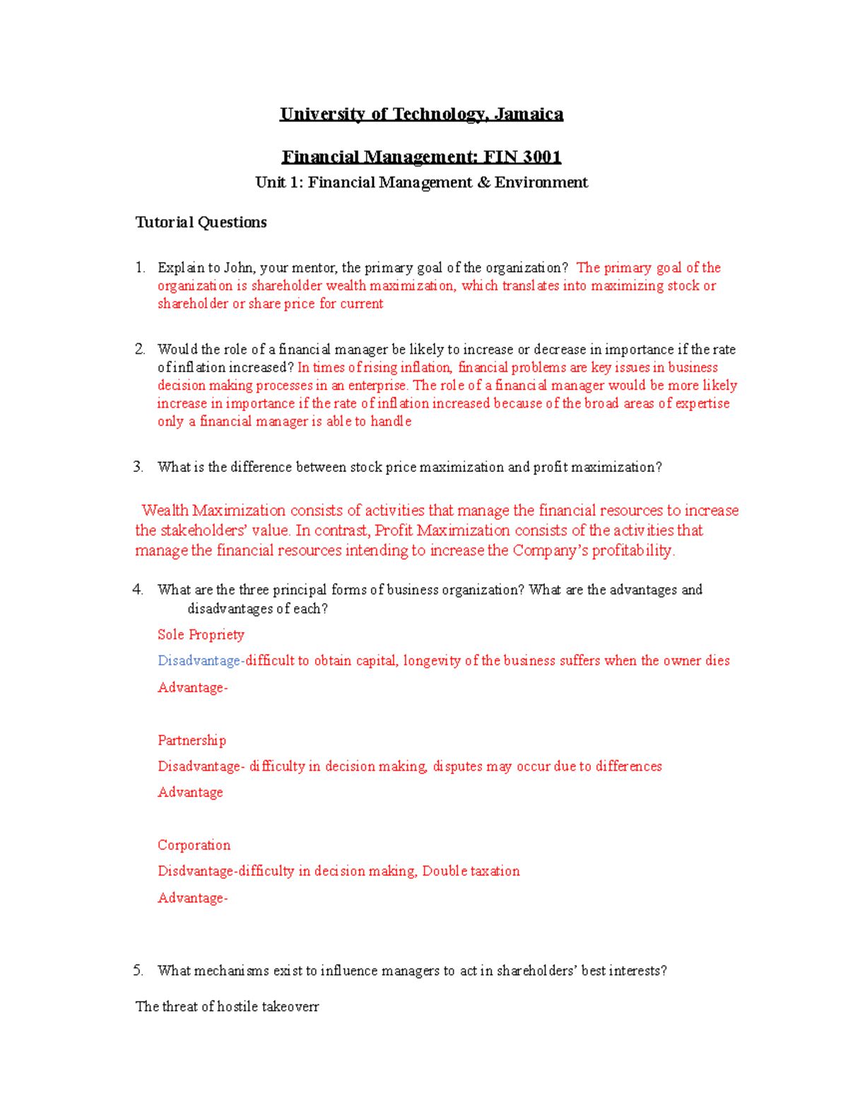 FIN 3001 Unit 1 Financial Management Tutorial Questions Revised Aug ...