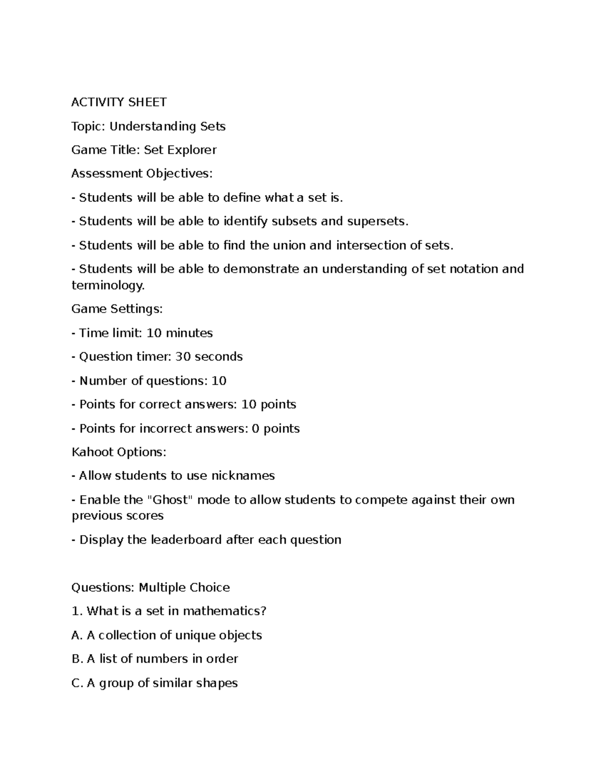Gamified learning approach - ACTIVITY SHEET Topic: Understanding Sets ...