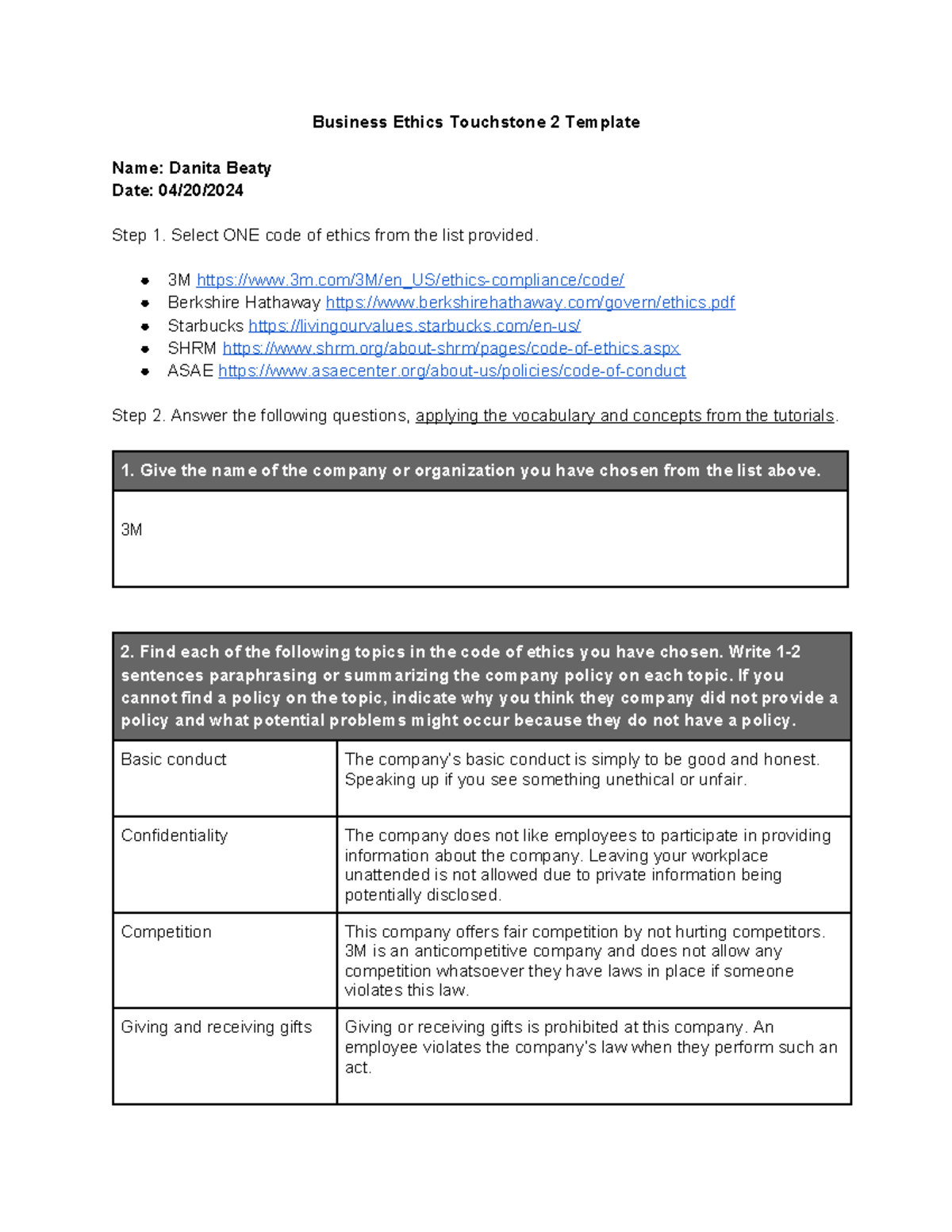 Business Ethics 309 - Touchstone 2 Assignment on 3M's Code of Ethics ...