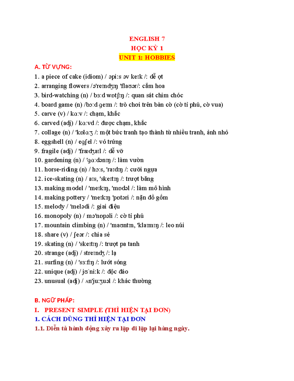 ENGLISH 7 HỌC KỲ 1: UNIT 1 - HOBBIES & GRAMMAR NOTES - Studocu