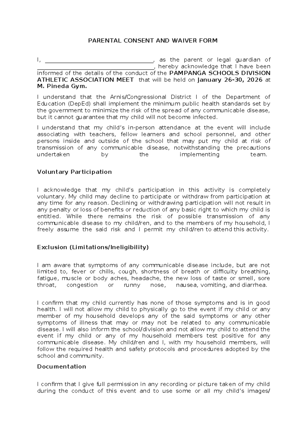 Parental Consent & Waiver Form for PAMPANGA SCHOOLS DIVISION MEET - Studocu