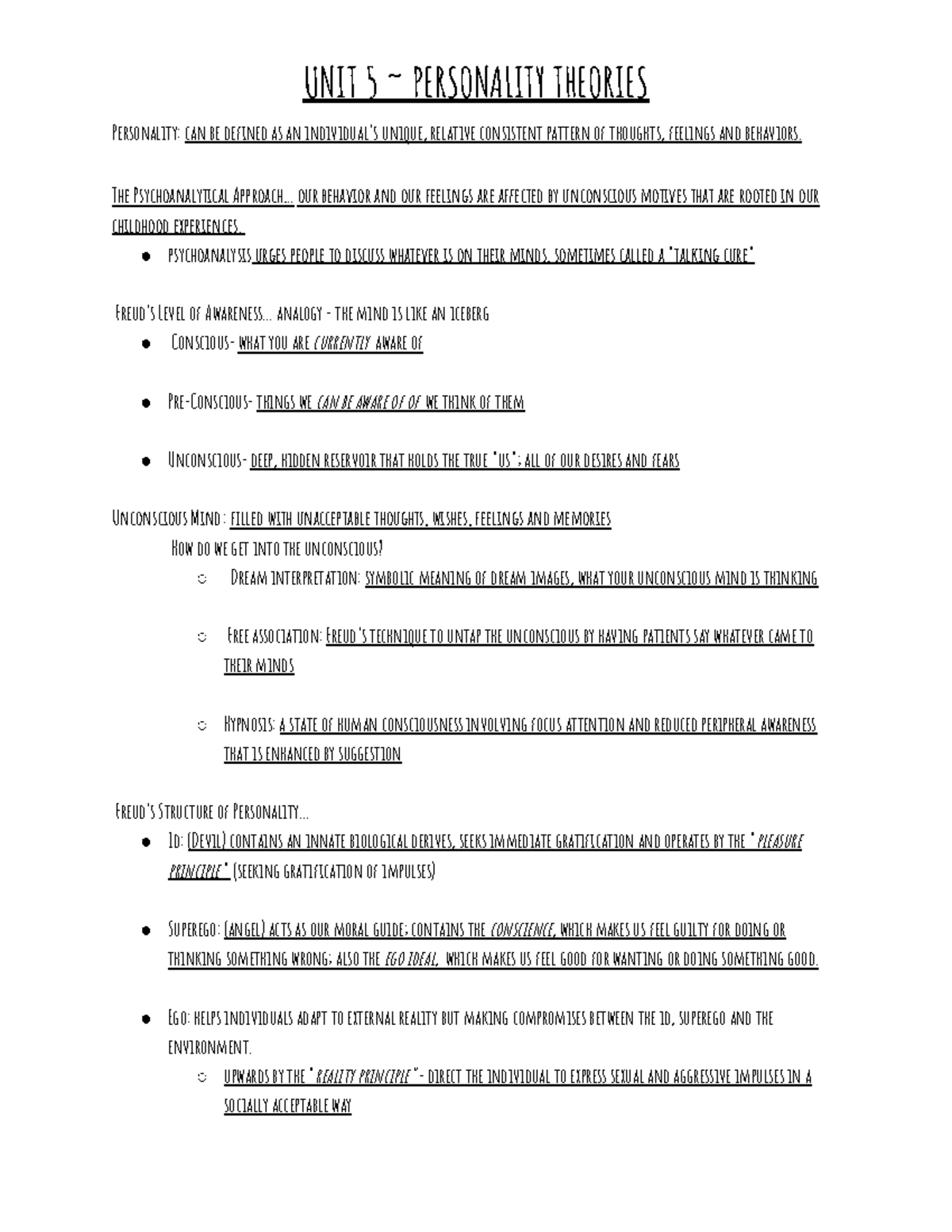 PSYCH 101: Unit 5 & 6 Personality Theory and Disorders Notes - Studocu