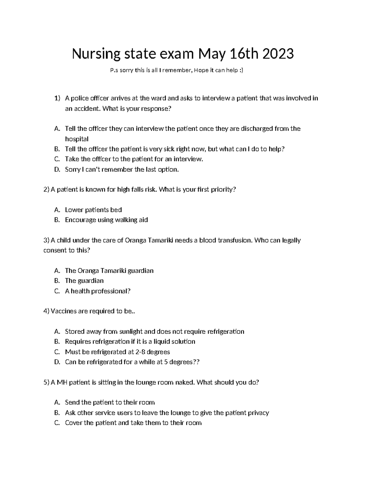 Nursing State Exam Questions - May 2023 Study Guide - Studocu