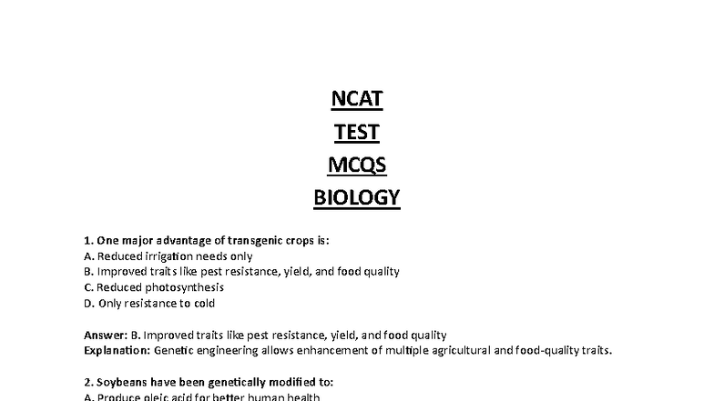 NCAT TEST 16 - VVS: MCQs on Biology, Chemistry, English, and Physics ...