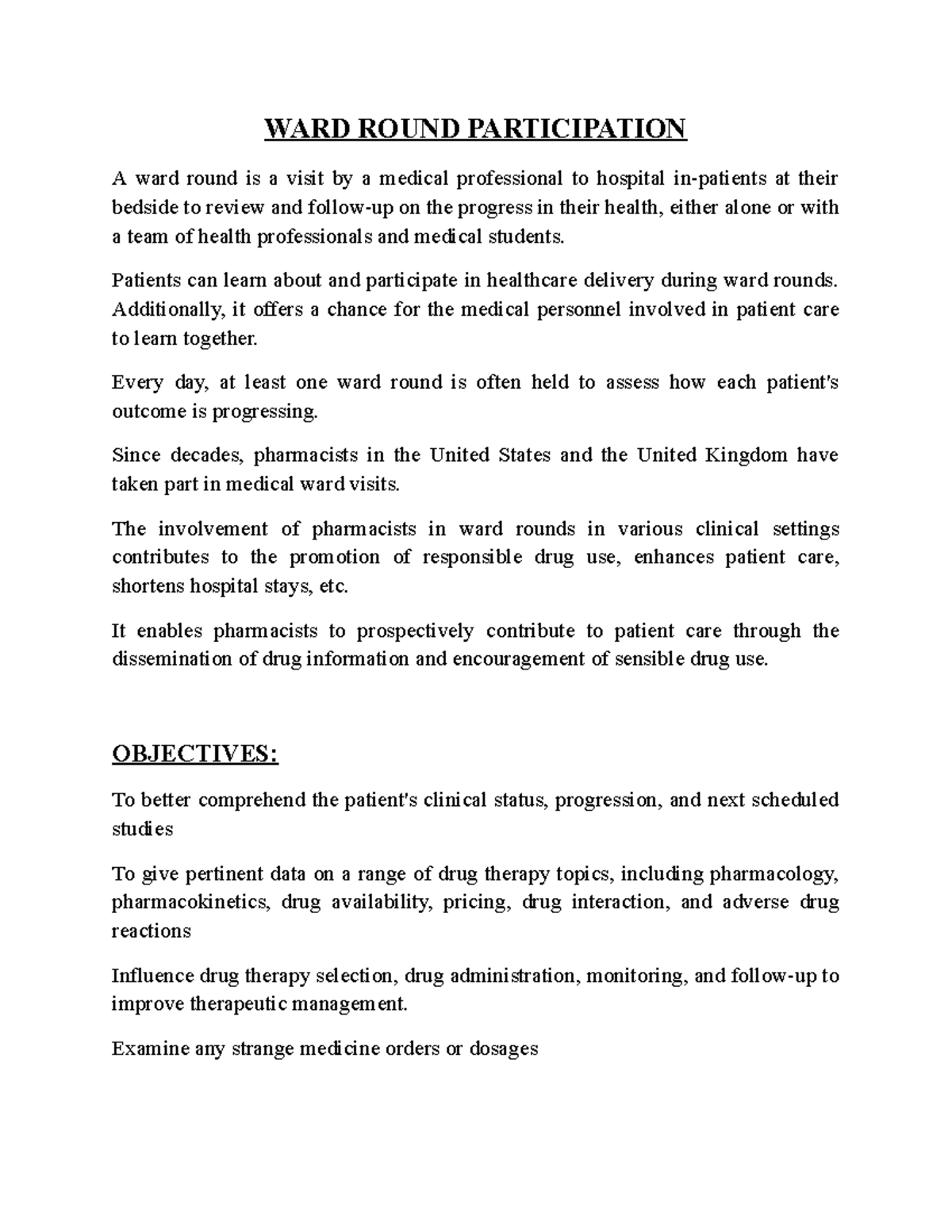 Ward Round Participation: Role of Pharmacists in Patient Care - Studocu