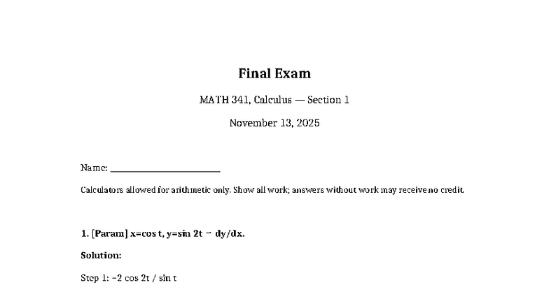 Final Exam MATH 341: Calculus Section 1 Solutions - Studocu