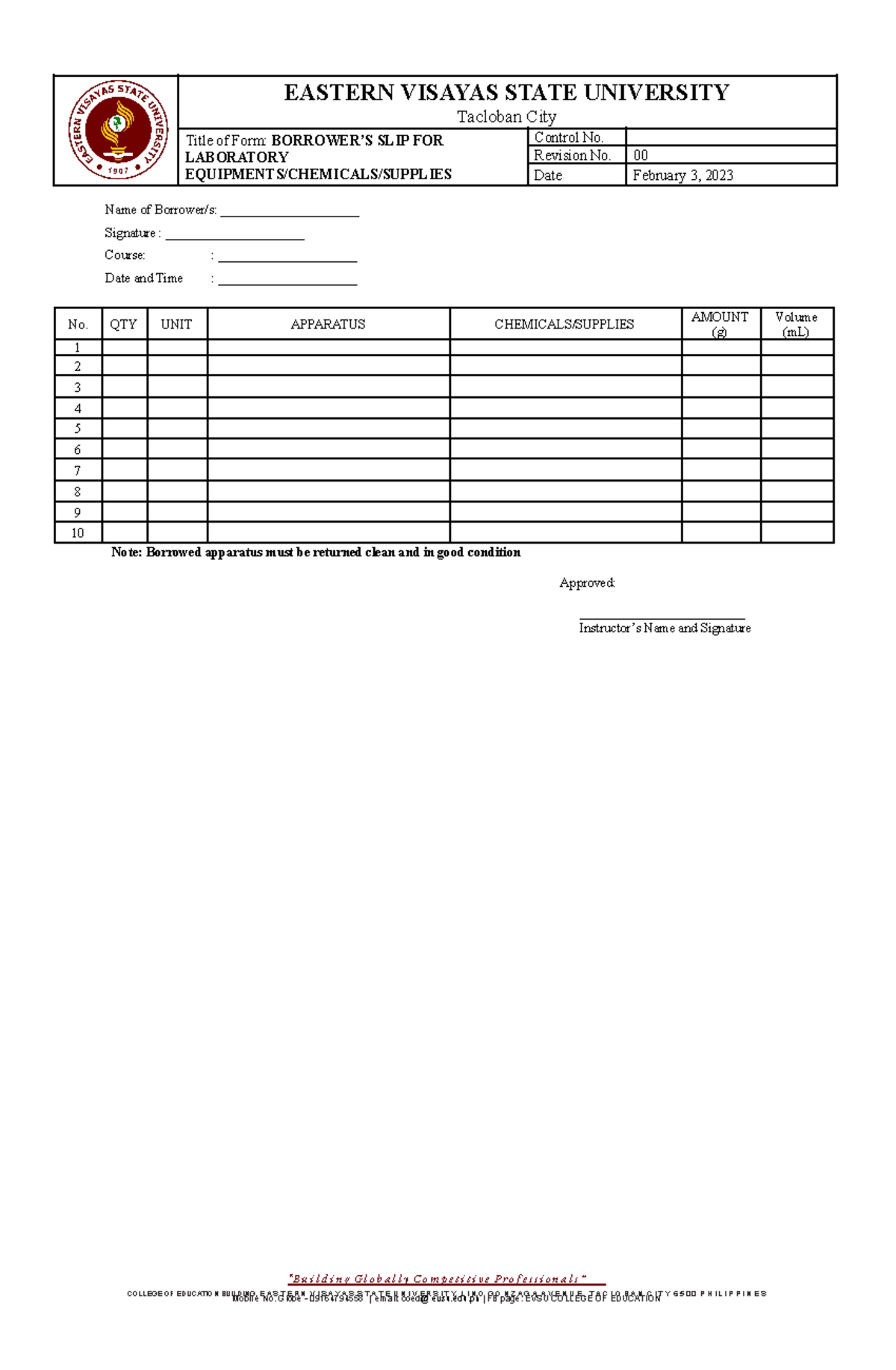 Borrower's Slip for Lab Equipments - EVSU SLIP Form - Studocu