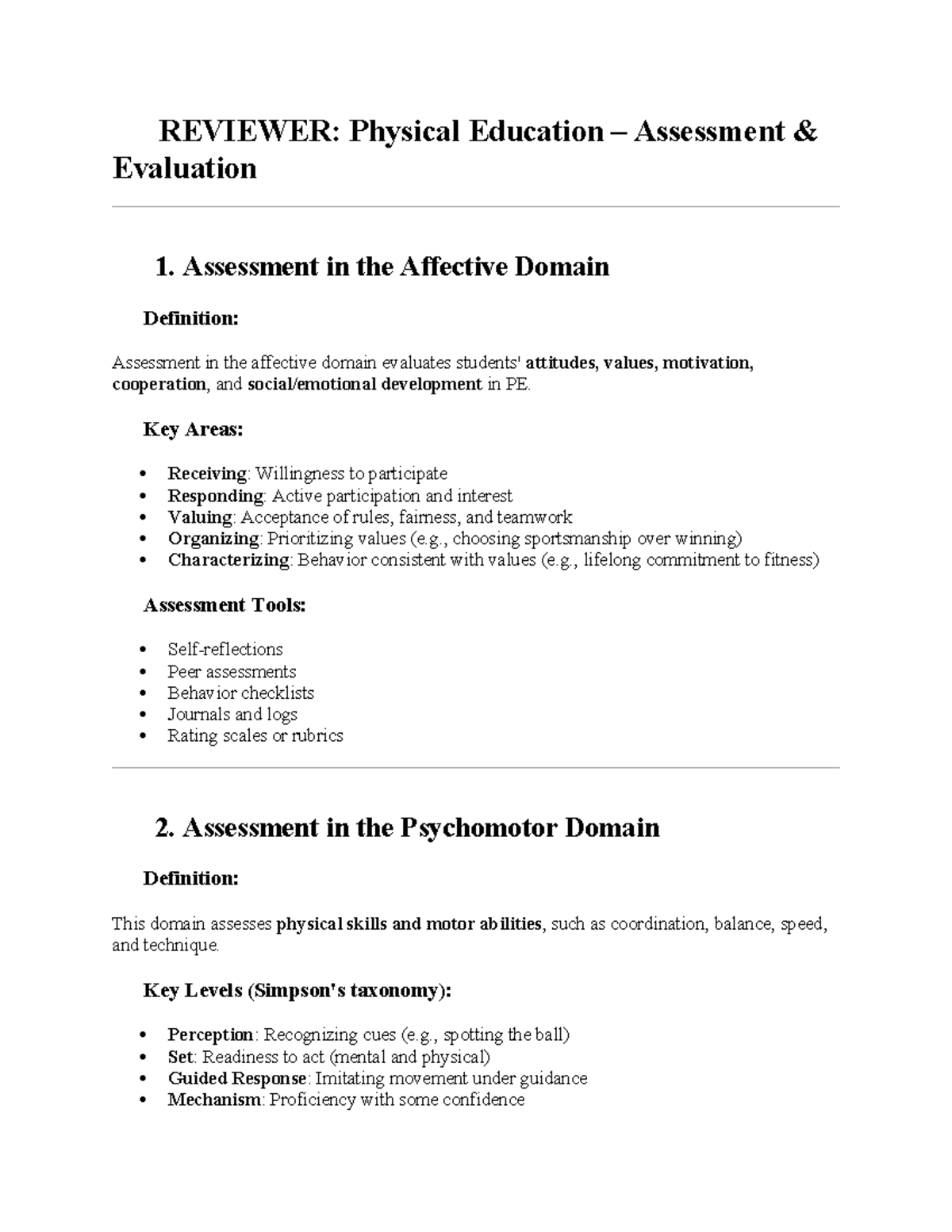 EDUC-203: Physical Education Assessment Evaluation Reviewer Guide - Studocu