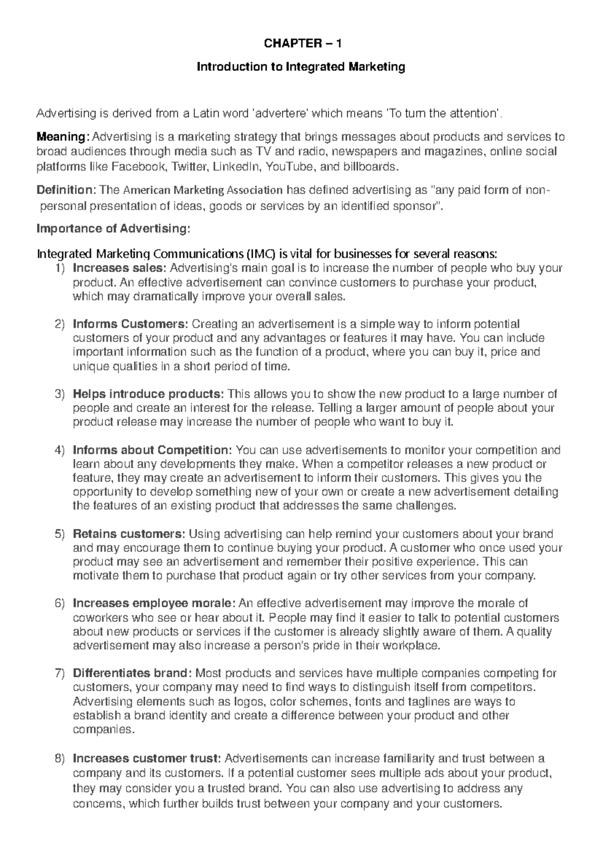 AMM - Integrated Marketing Concepts - Chapter 1 Notes - BBA - Studocu