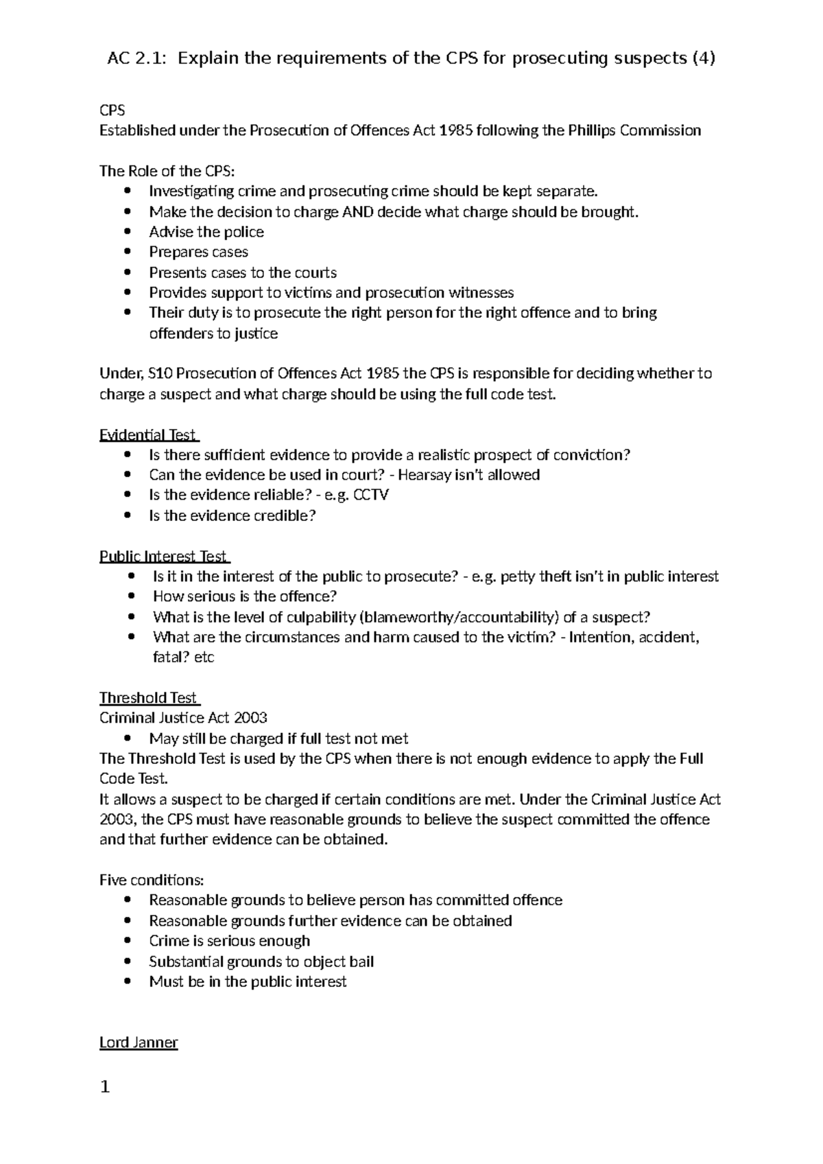 AC2.1: Understanding CPS Requirements for Prosecuting Suspects - Studocu