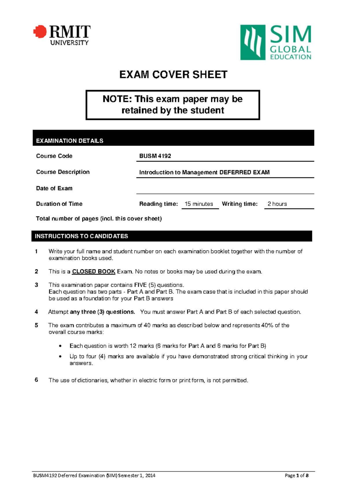 Exam 2014 questions - EXAM COVER SHEET EXAMINATION DETAILS Course Code ...