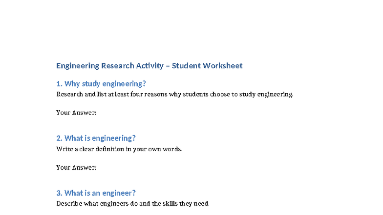 ENGR 101: Engineering Research Activity Worksheet - Studocu