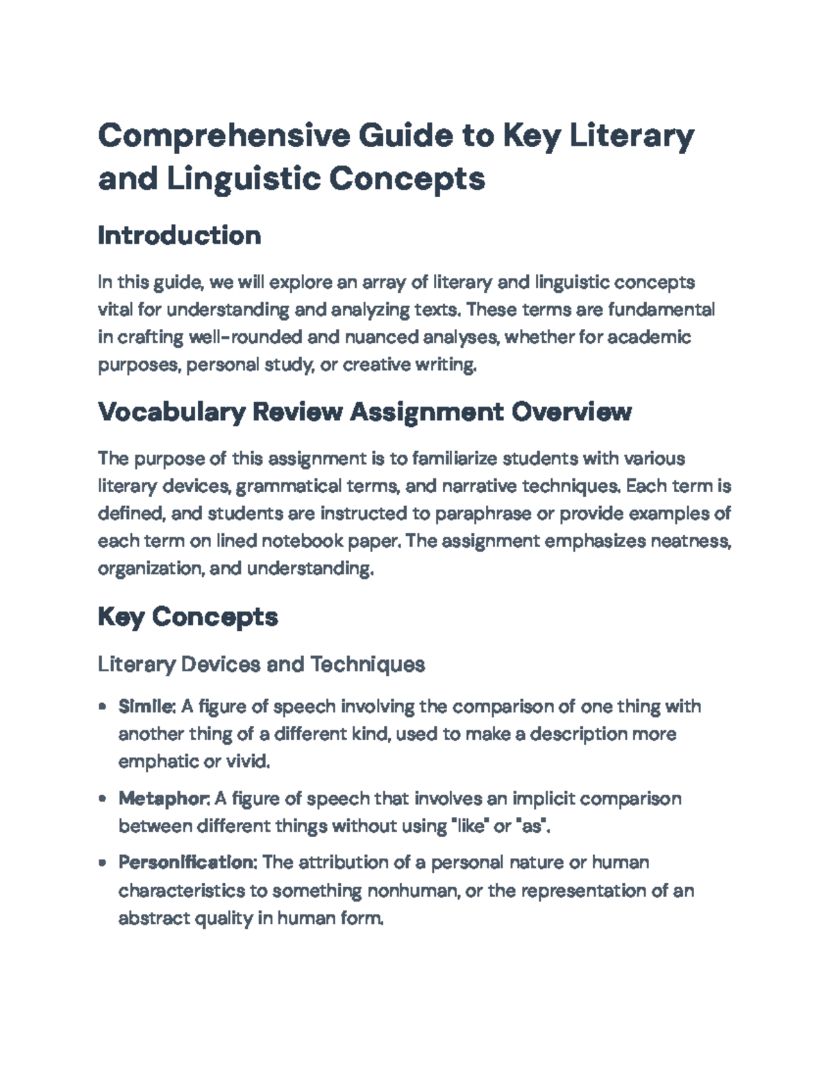 Key Literary and Linguistic Concepts: Vocabulary Review Assignment ...