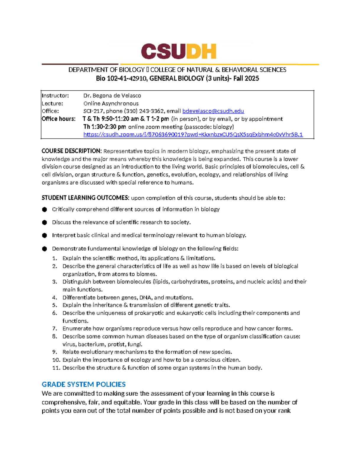 Bio 102-41 General Biology Course Syllabus & Expectations - Fall 2025 ...