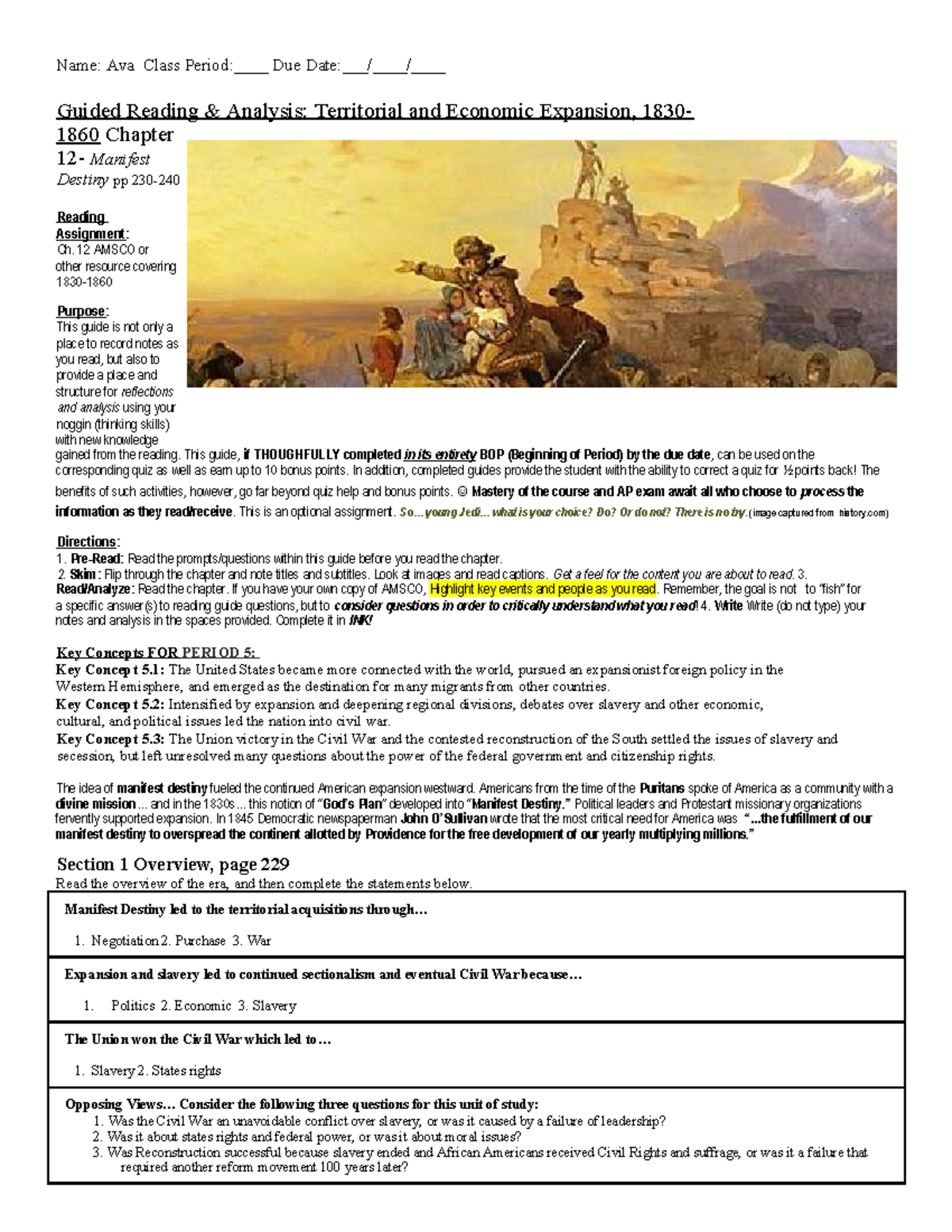 AMSCO Ch. 12 Guided Reading: Territorial & Economic Expansion (1830 ...